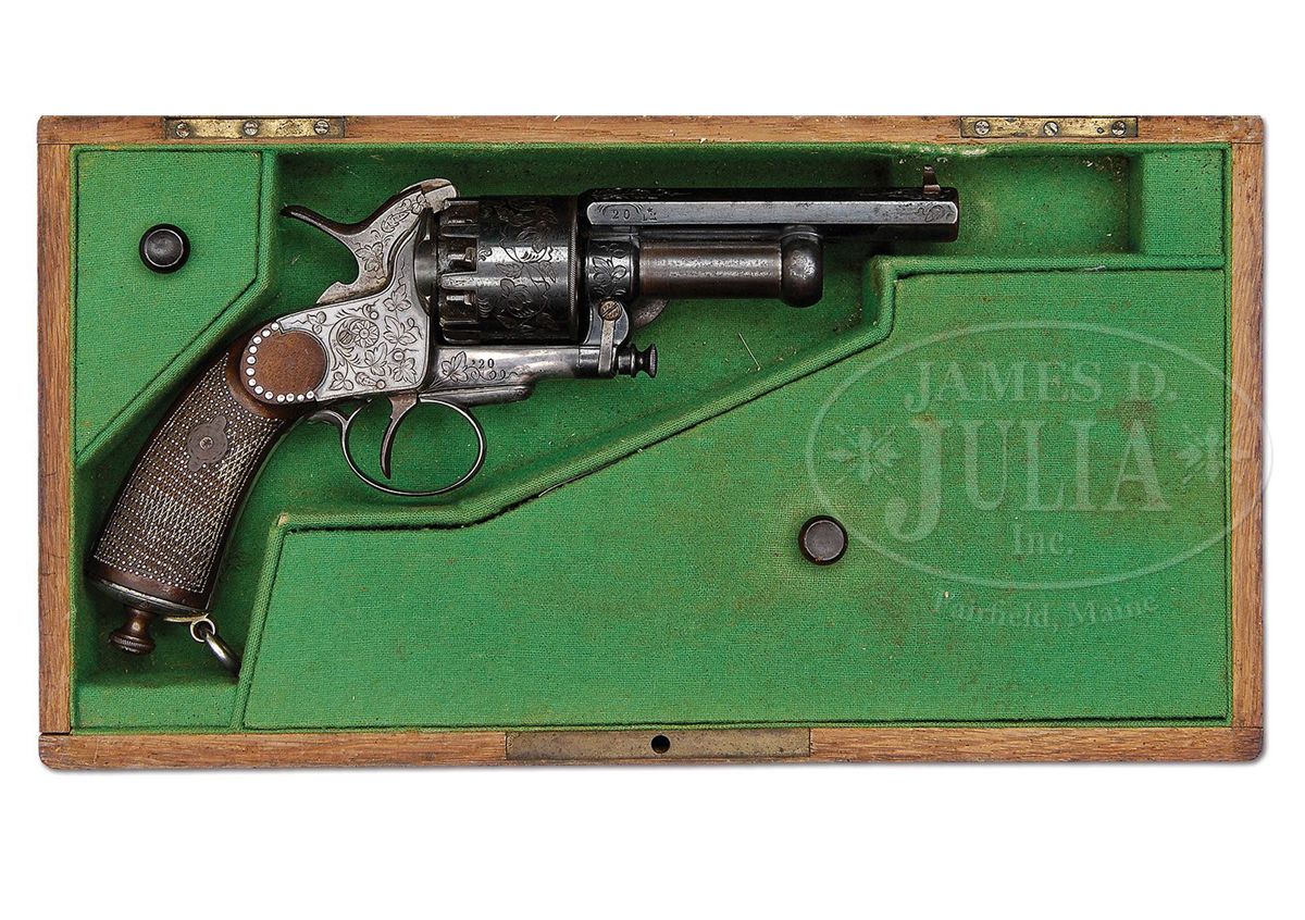 EXTRORDINARY CASED CONFEDERATE ENGRAVED AND SILVER INLAID BABY LEMAT ...