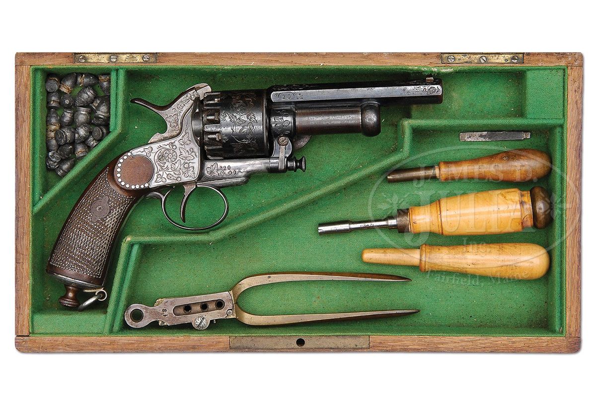 EXTRORDINARY CASED CONFEDERATE ENGRAVED AND SILVER INLAID BABY LEMAT ...