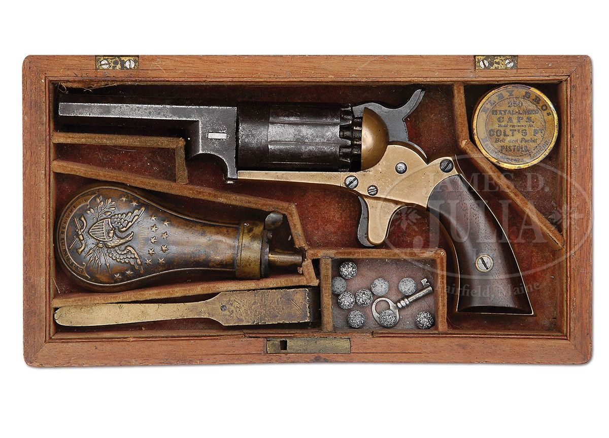 VERY RARE CASED WALCH BRASS FRAME PERCUSSION REVOLVER.