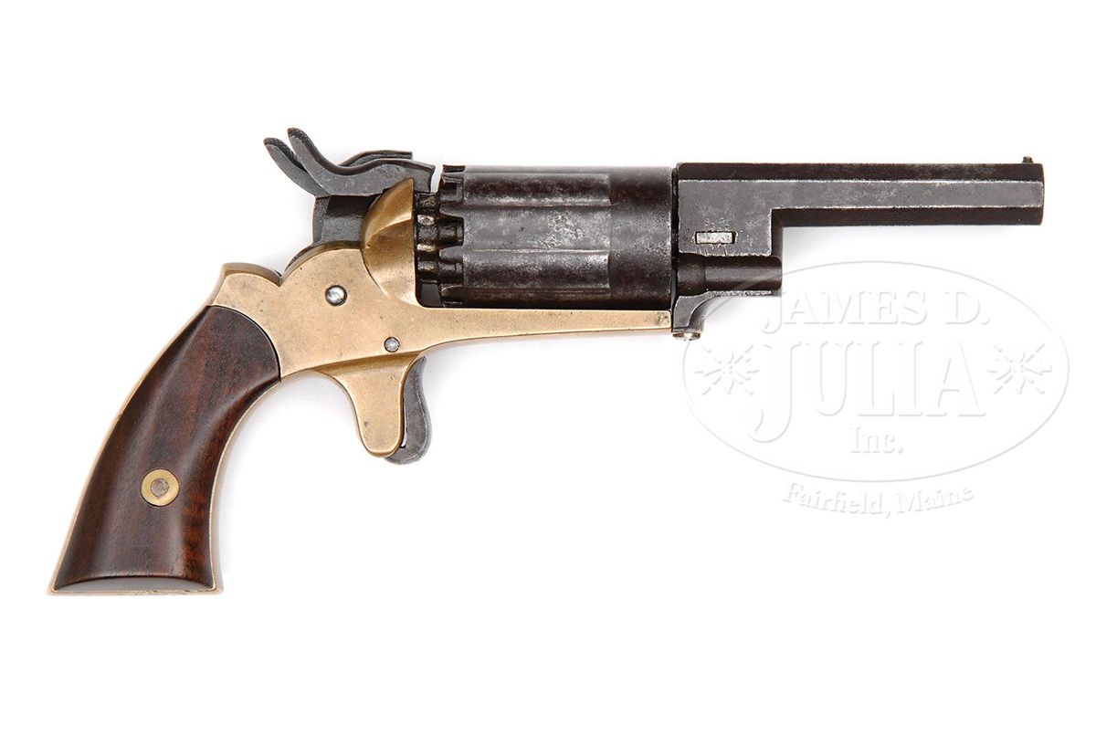 VERY RARE CASED WALCH BRASS FRAME PERCUSSION REVOLVER.