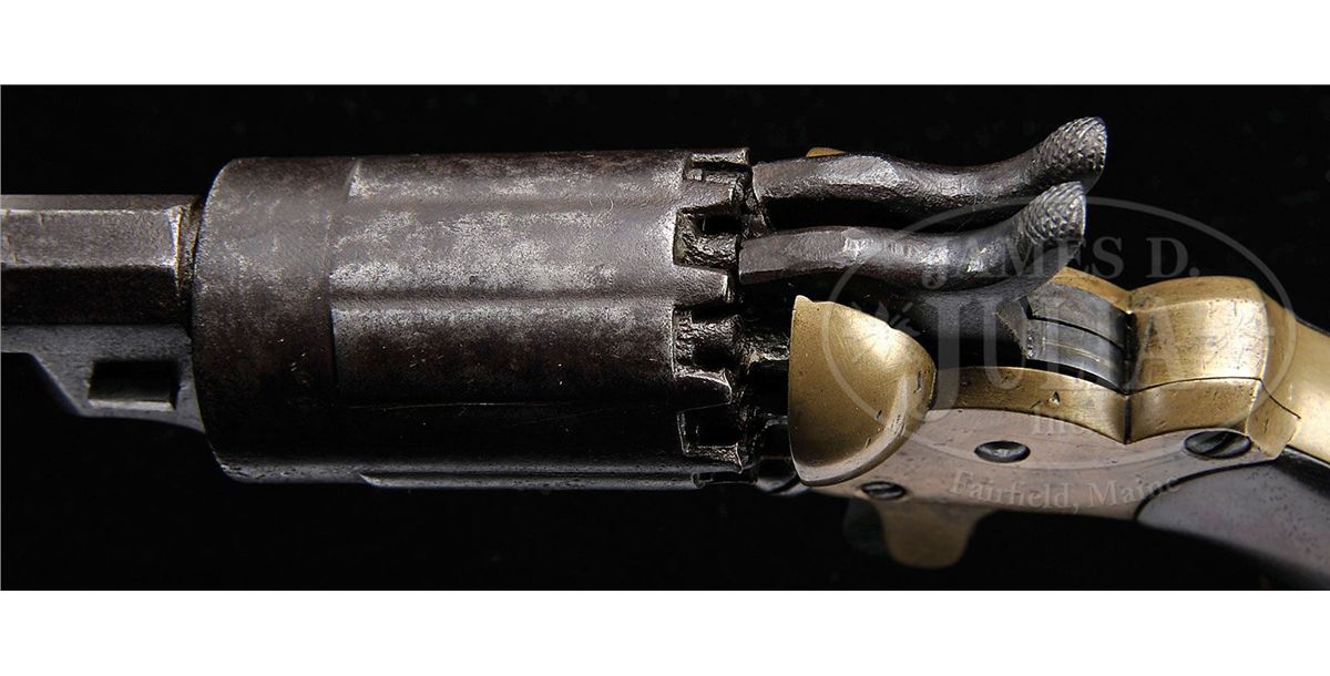 VERY RARE CASED WALCH BRASS FRAME PERCUSSION REVOLVER.