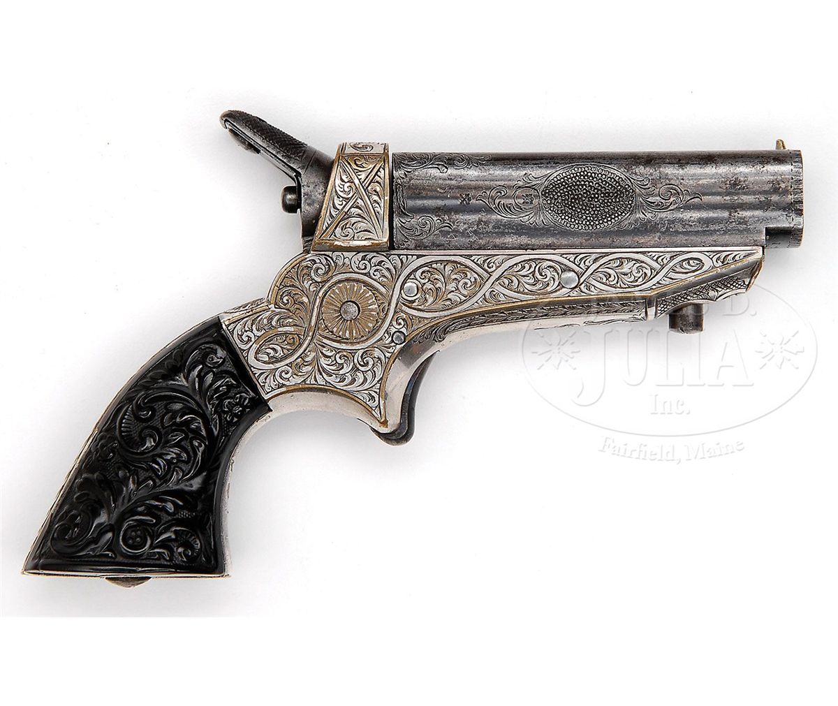 SCARCE CASED ENGRAVED TIPPING & LAWDEN 4-BARREL DERRINGER.