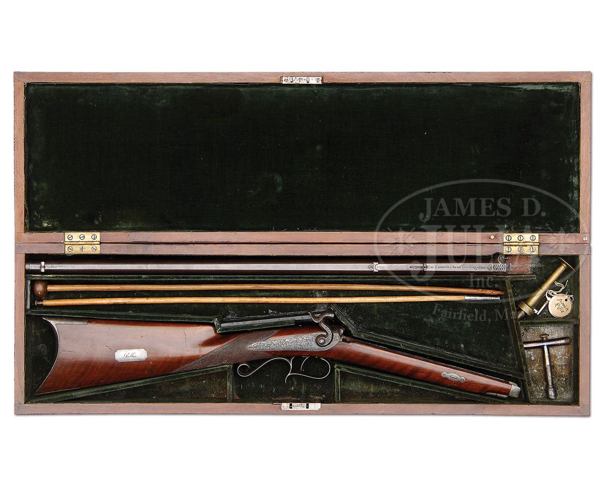 CASED H. E. DIMICK (ST. LOUIS) LADIES PERCUSSION HUNTING RIFLE.