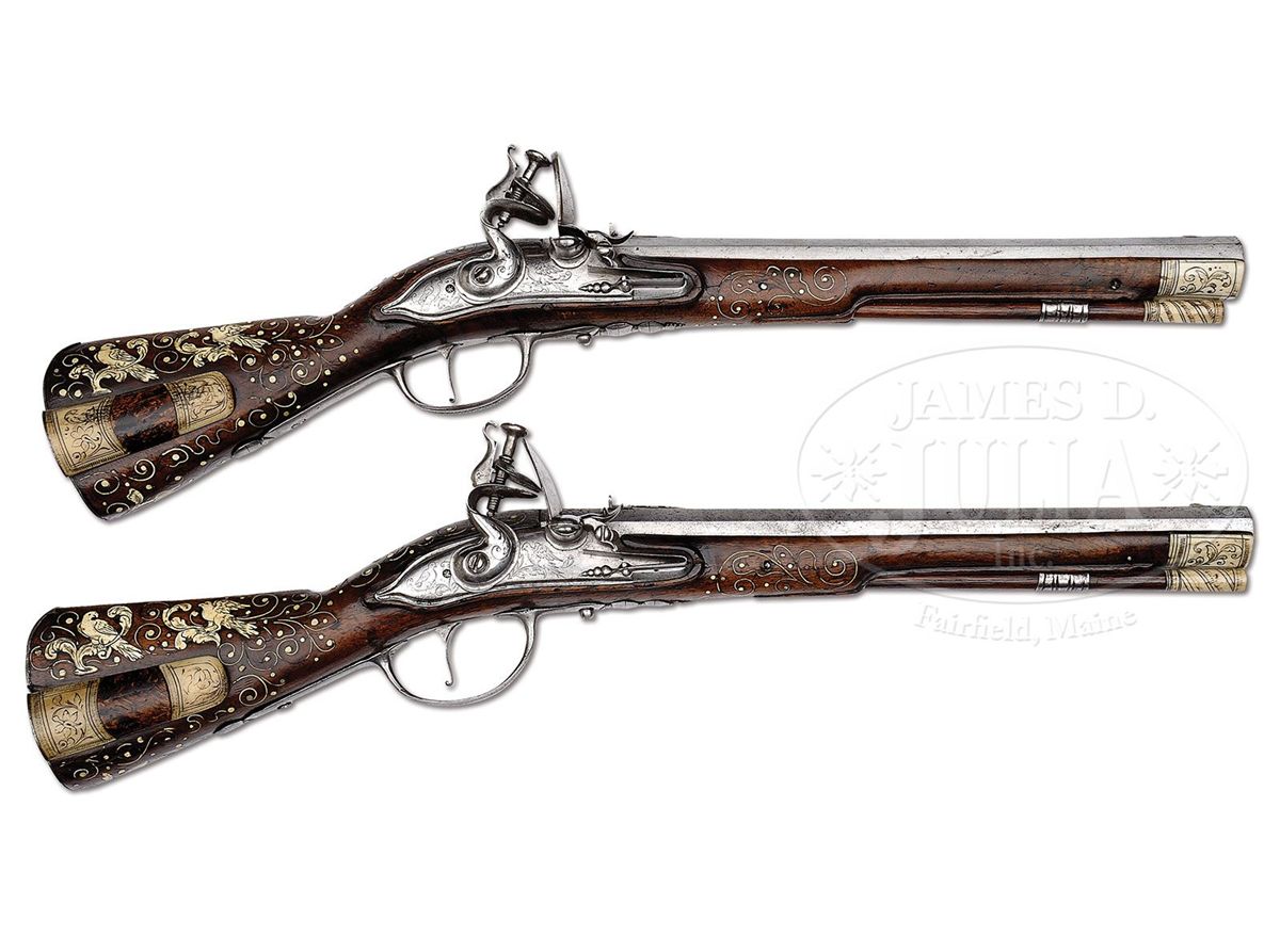 VERY FINE PAIR OF 17TH CENTURY GERMANIC GUN BUTT FLINTLOCK PISTOLS.