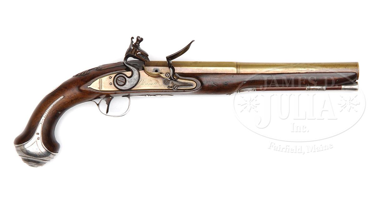 SILVER MOUNTED FLINTLOCK PISTOL WITH BRASS BARREL AND LOCK BY JOHN BENNETT.