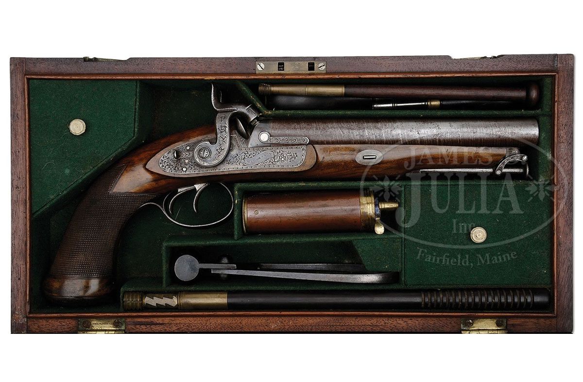 WILKINSON DOUBLE BARREL PERCUSSION HOWDAH PISTOL IN CASE.