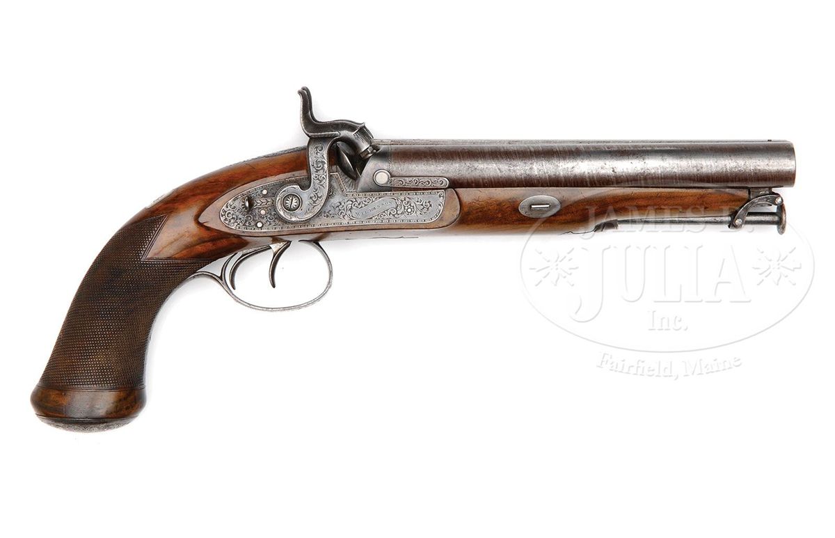 WILKINSON DOUBLE BARREL PERCUSSION HOWDAH PISTOL IN CASE.