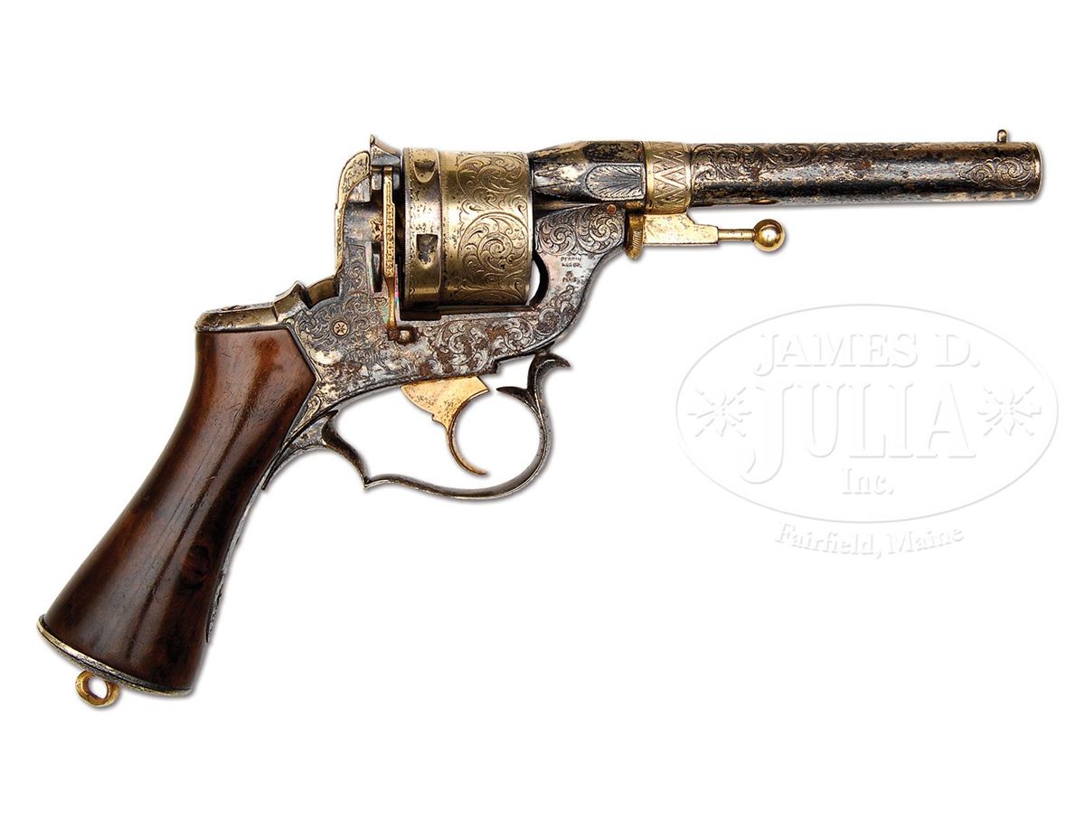 RARE SILVER-PLATED AND GOLD WASHED ENGRAVED PERRIN REVOLVER.