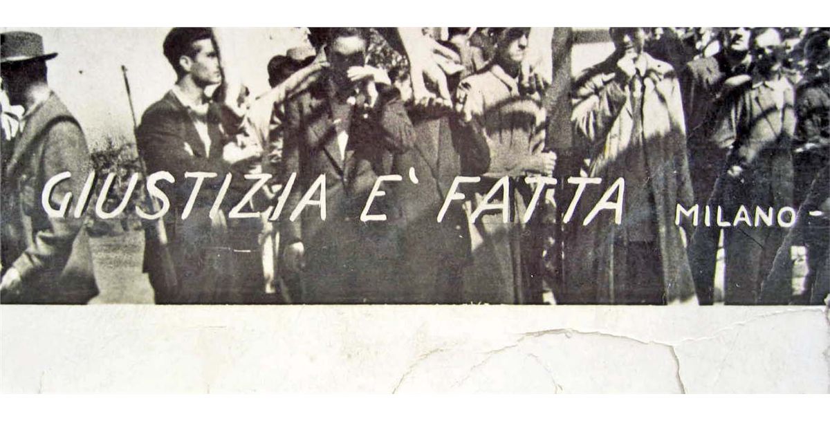 1945 PHOTO OF MUSSOLINI & 5 OTHERS HANGING FROM THEIR ANKLES - 7" X 9"