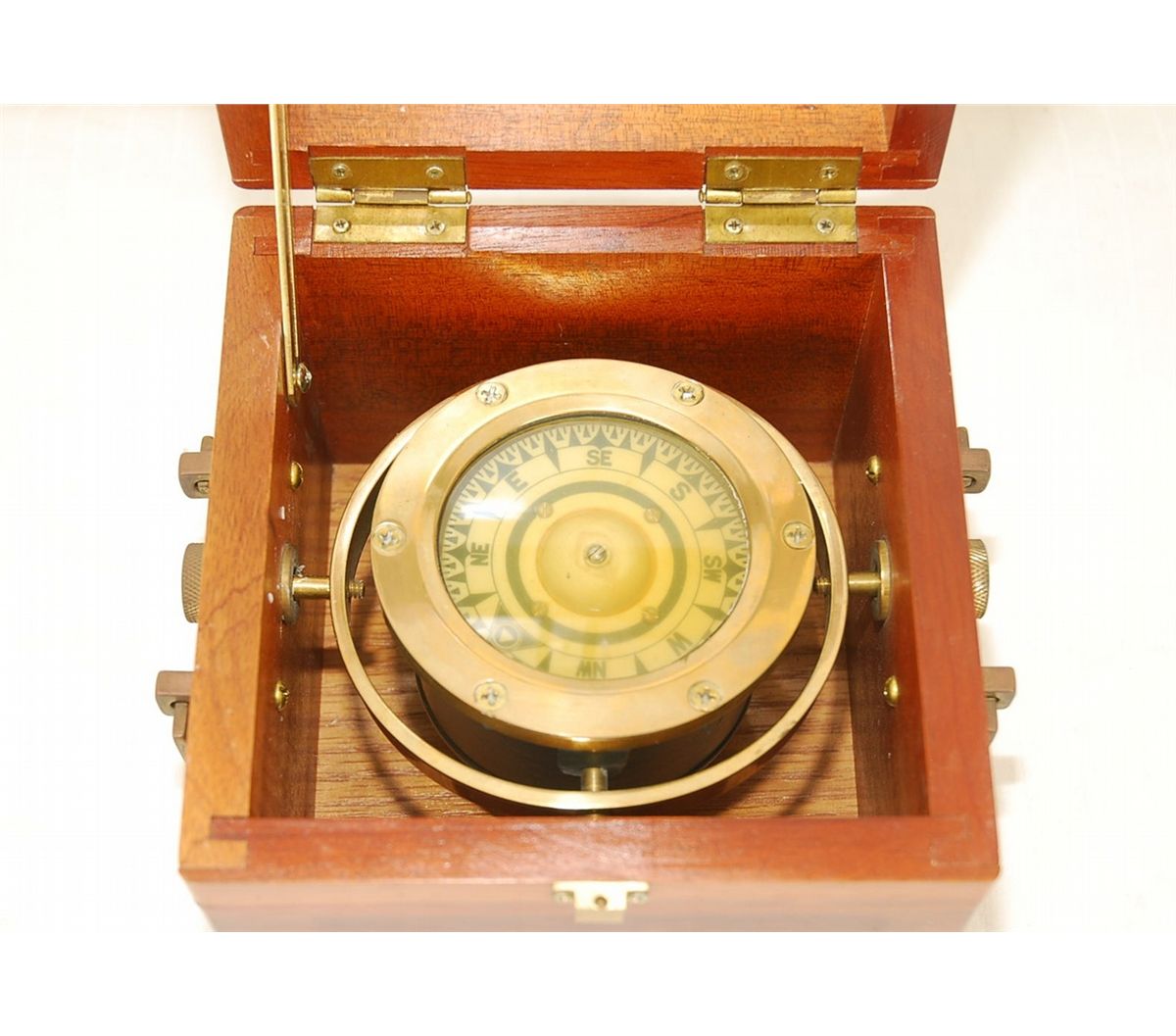 Bronze Gimbaled Compass Encased in Wooden Box