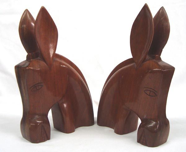 Pr 1950 Carved Wooden Long Eared Mule Bookends