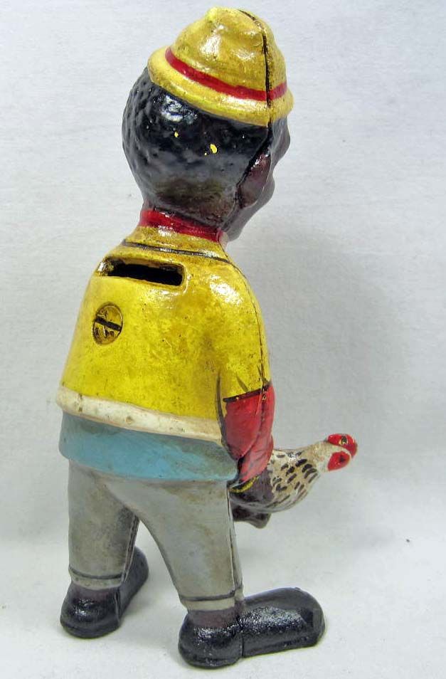 CAST IRON BLACK AMERICANA BANK - MAN HOLDING CHICKEN - 5.5" TALL