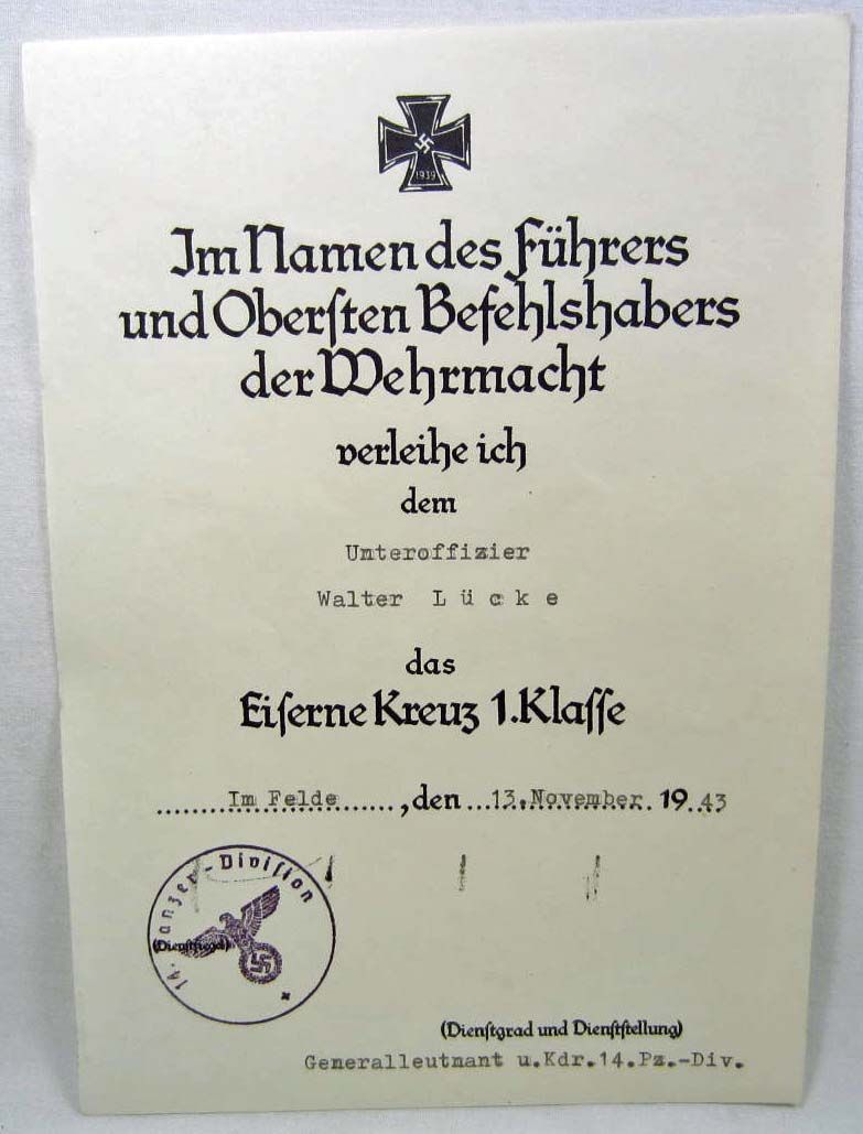 GERMAN NAZI 1ST CLASS IRON CROSS AWARD DOCUMENT