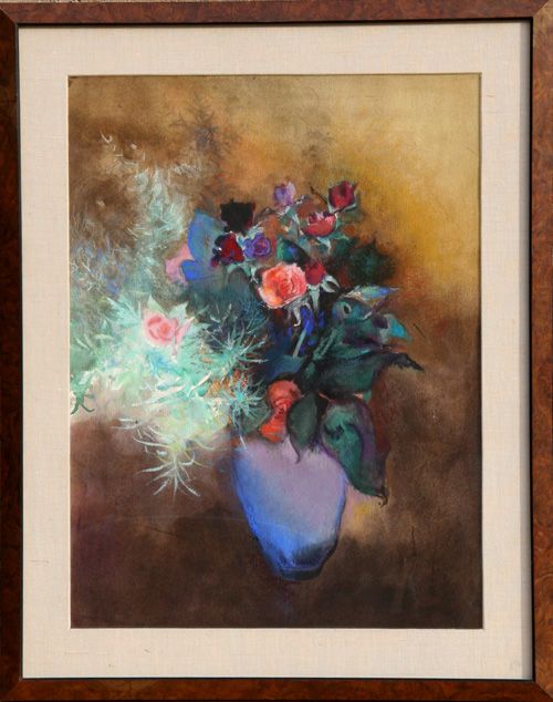 Ian Woodner, Vase and Flowers, Gouache, Watercolor and Pastel Drawing