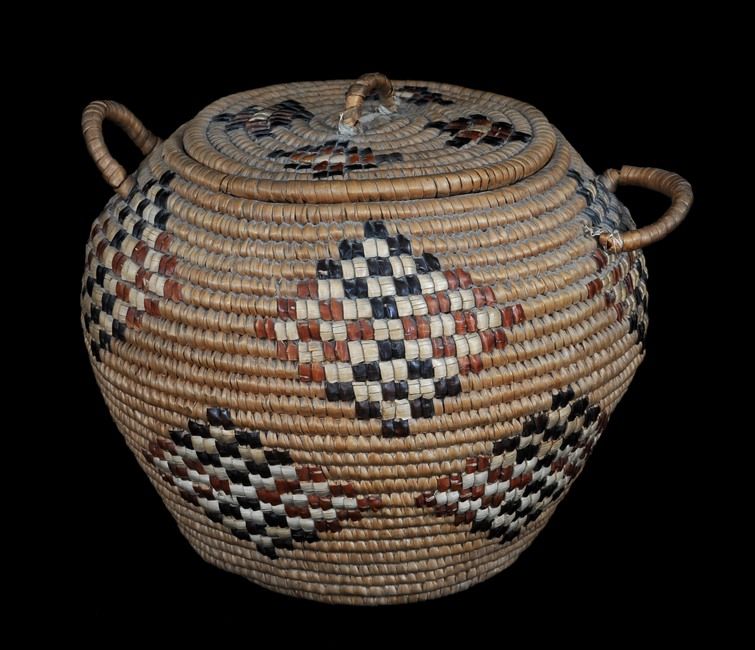Salish Lidded Acorn Storage Basket with Diamond Design ca. 1910 9" D. 7 ...