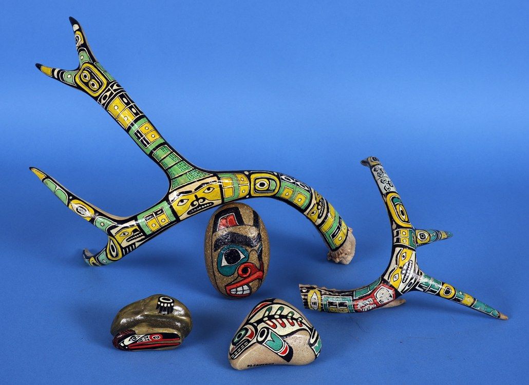 Two Antlers with Painted Chilkat Design 7" L. and 15 1/2" L. and Three ...