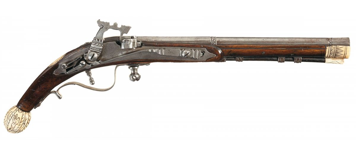 Snap Action European Matchlock Pistol with Carved Ivory Ball Pommel