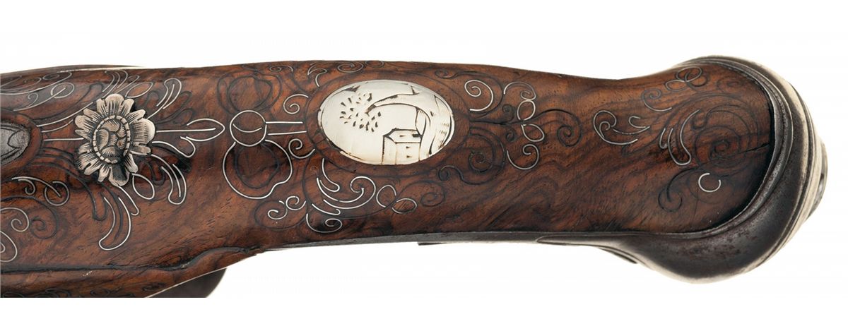 Silver Inlaid A. Bini Marked Flintlock Pistol with Fancy Silver Inlay Stock
