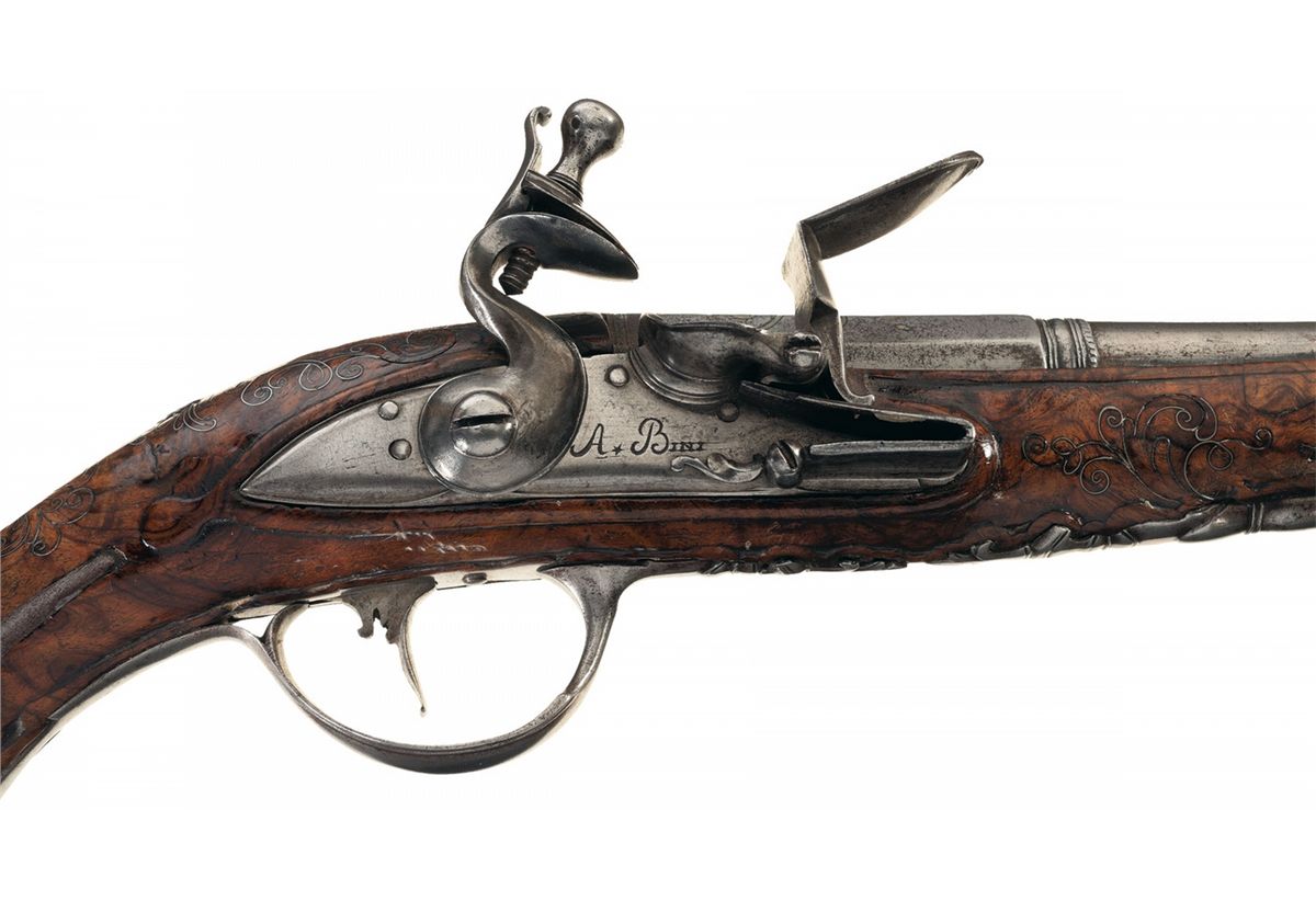 Silver Inlaid A. Bini Marked Flintlock Pistol with Fancy Silver Inlay Stock