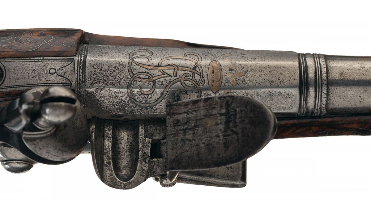 Silver Inlaid A. Bini Marked Flintlock Pistol with Fancy Silver Inlay Stock