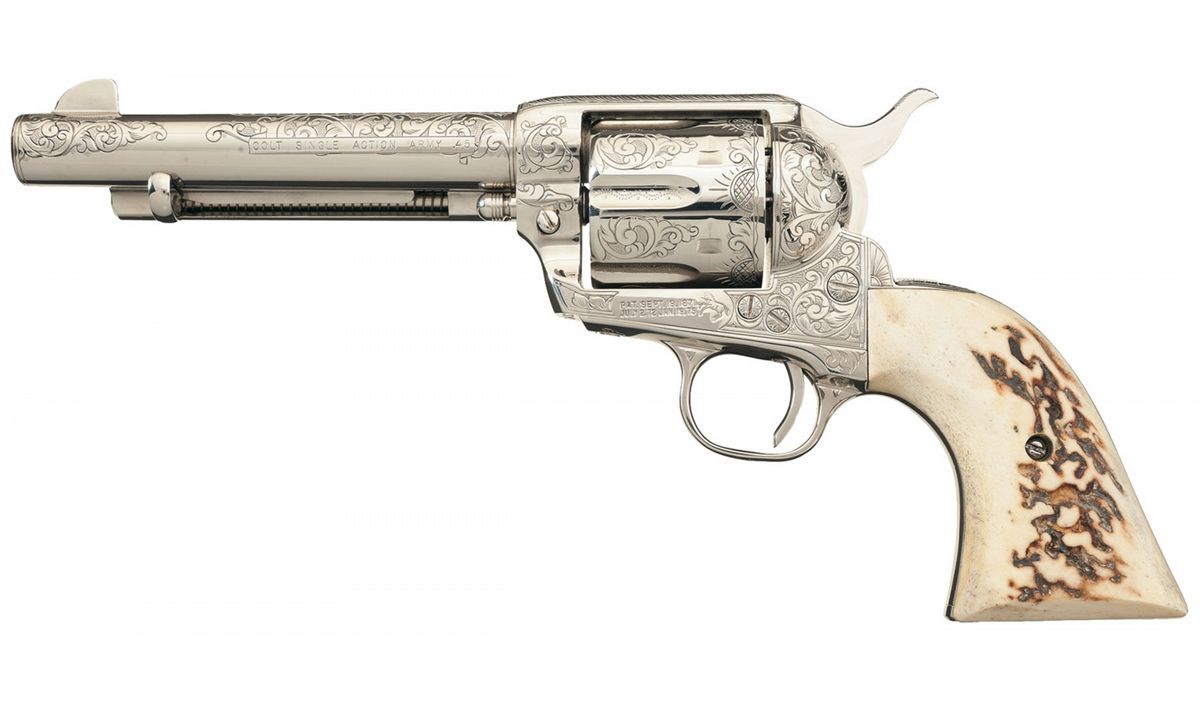 Engraved Colt Single Action Revolver with Stag Grips
