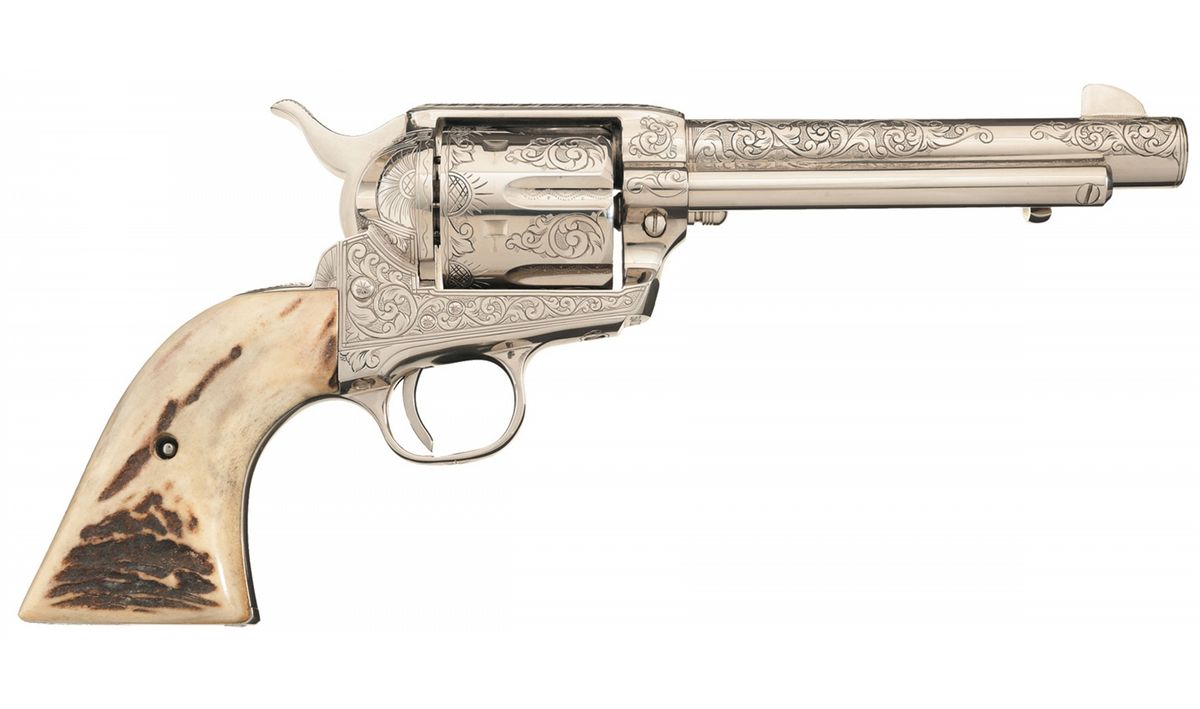 Engraved Colt Single Action Revolver with Stag Grips