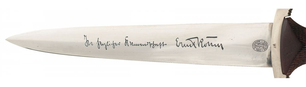 Rare Documented Ernst Rohm Inscribed SA Dagger with Sheath, Hanger and ...