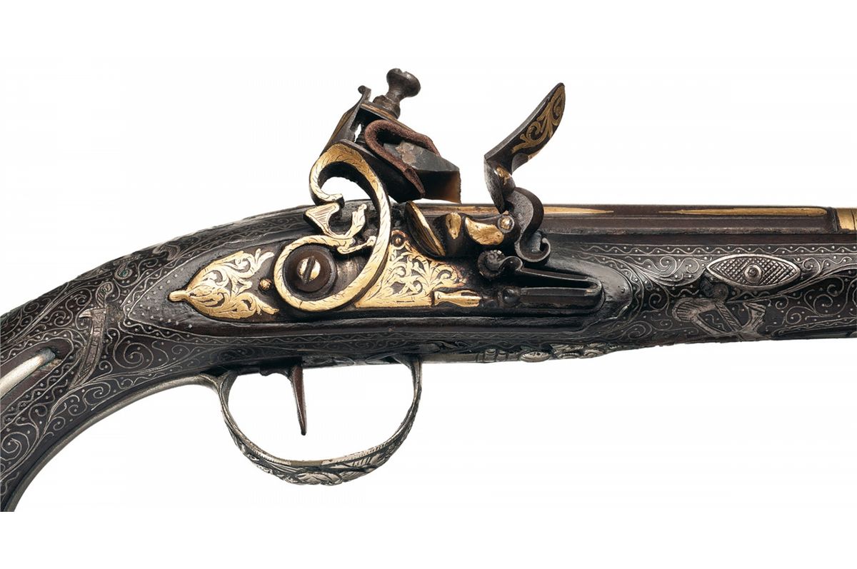 Ornate European Flintlock Pistol with Extensive Gold Overlay and Silver ...