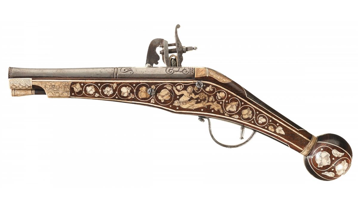 Decorative Wheelock Pistol with Attractive Scrimshawed Ivory Stock Inlays