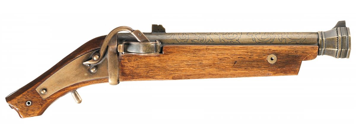 Fine Brass Barrel Japanese Matchlock Pistol with Silver Inlay