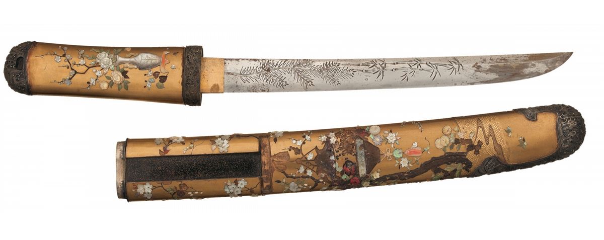 Japanese Tanto with Shibayama Decorated Aikuchi Fittings