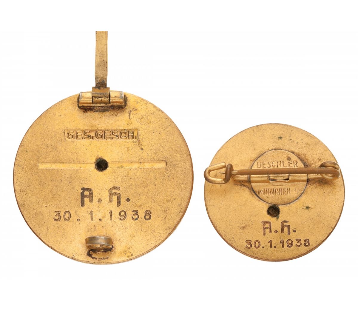 Rare Set of Two Nazi N.S.D.A.P. Golden Party Badges with Matching ...