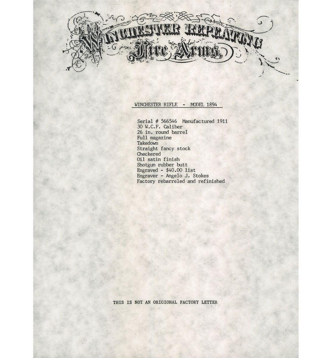 Documented Angelo Stokes Factory Engraved Winchester Special Order ...