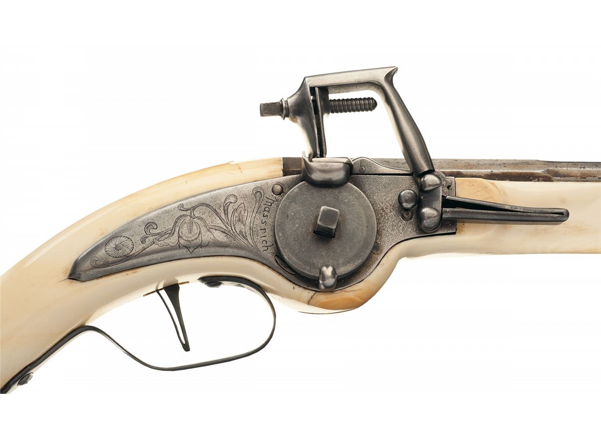 Cased Pair of Custom Full Ivory Stocked Wheel Lock Style Pistols