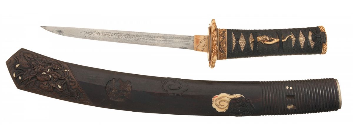 Nagahiro Signed Kaiken Tanto Dagger with Carved Ivory Fittings