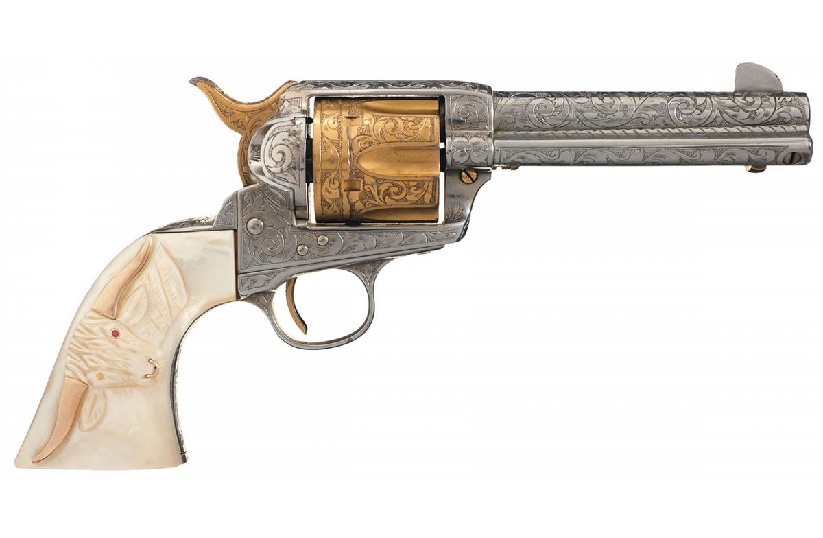 Engraved Colt Single Action Army Revolver with Carved Steer Head Pearl ...