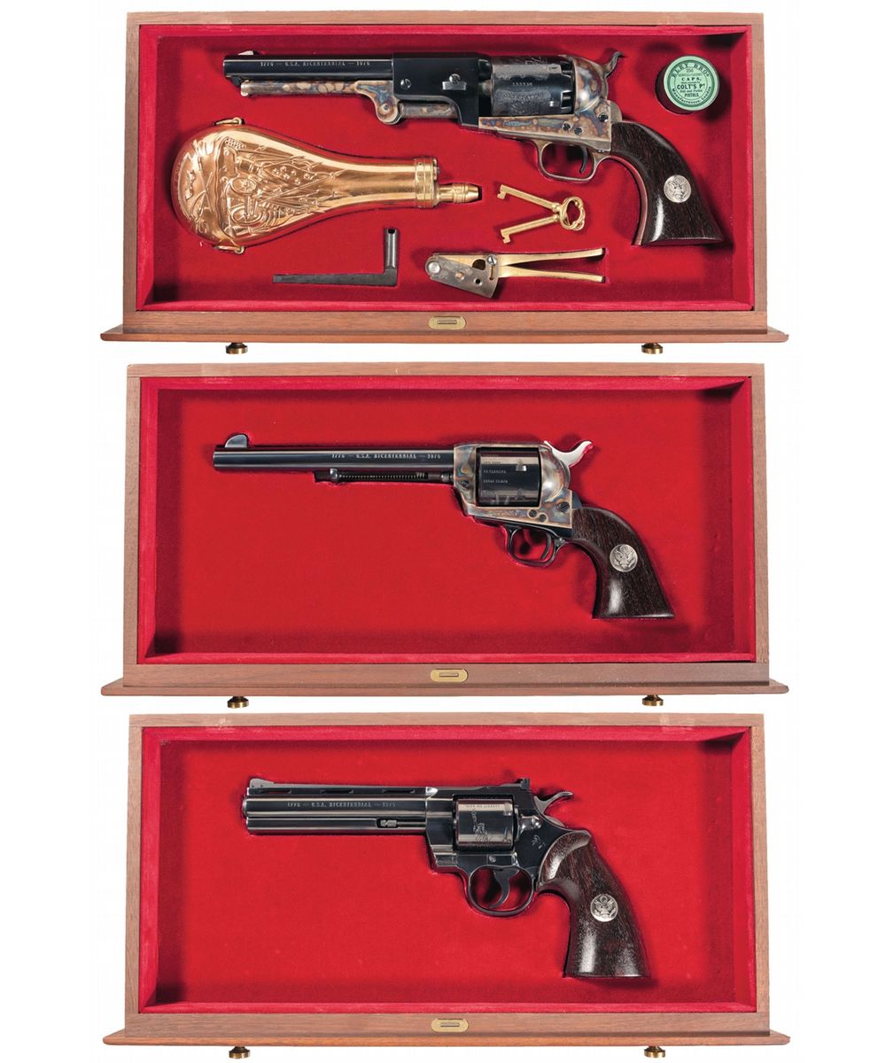Cased Set of Three Colt Bicentennial Revolvers with Book