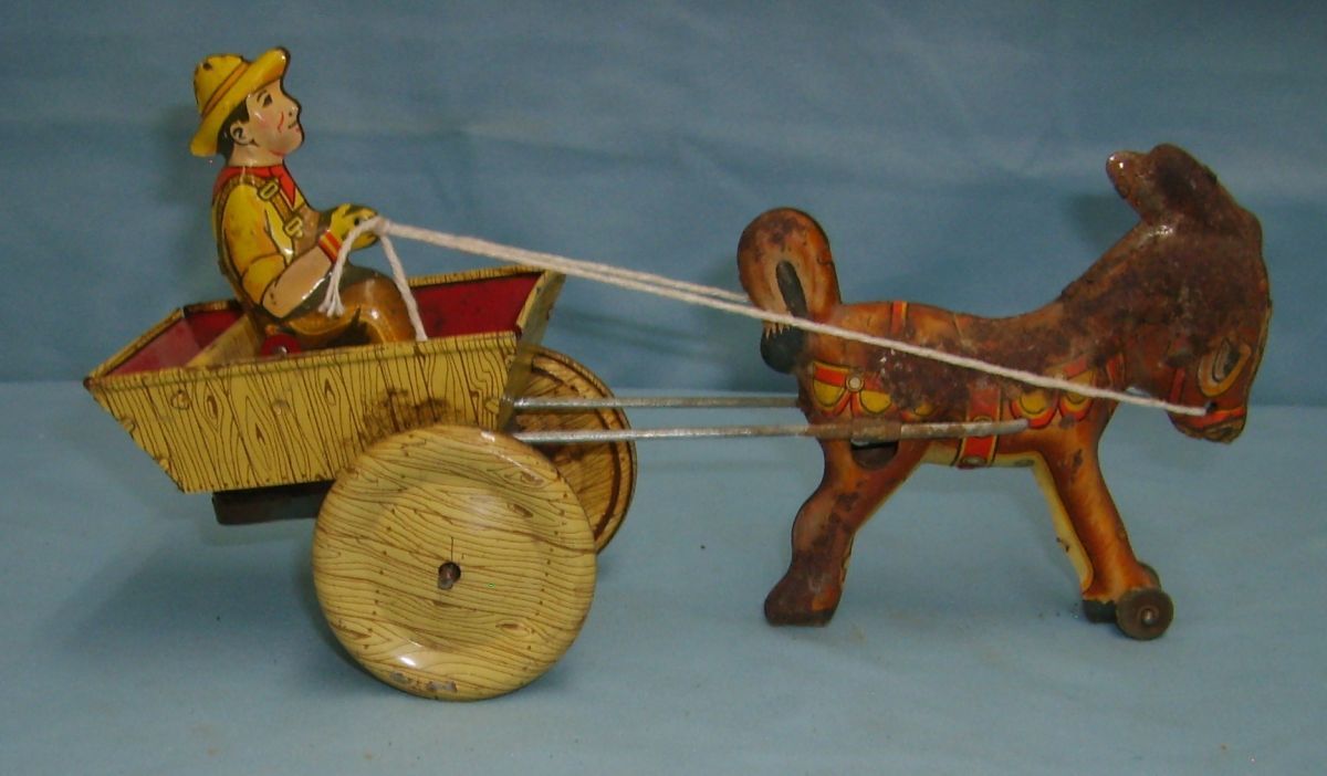 2 toys: Donkey & cart wind-up toy, partial working order, heavy rust ...