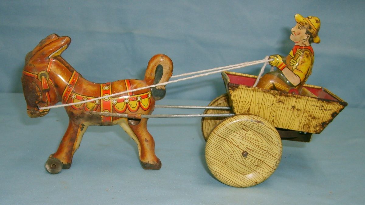 2 toys: Donkey & cart wind-up toy, partial working order, heavy rust ...