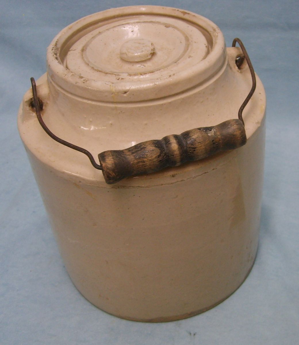 2 Pieces: Stoneware 1 gal. bail hdle. packing jar, minor chips on lid ...