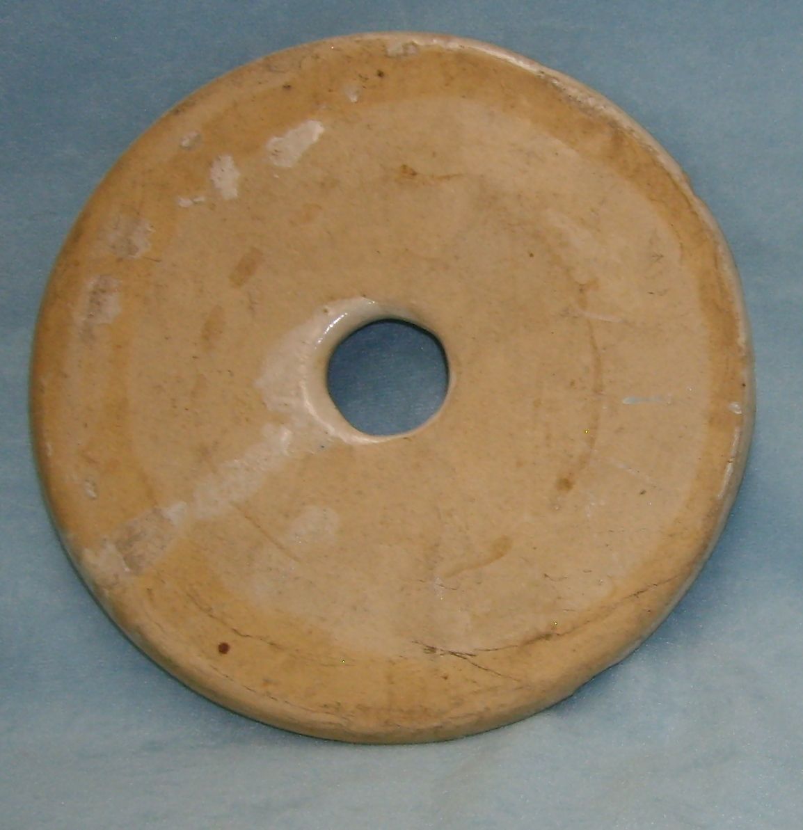 2 Pieces: RW butter churn lid, several chips; 1 gal. crock, interior ...