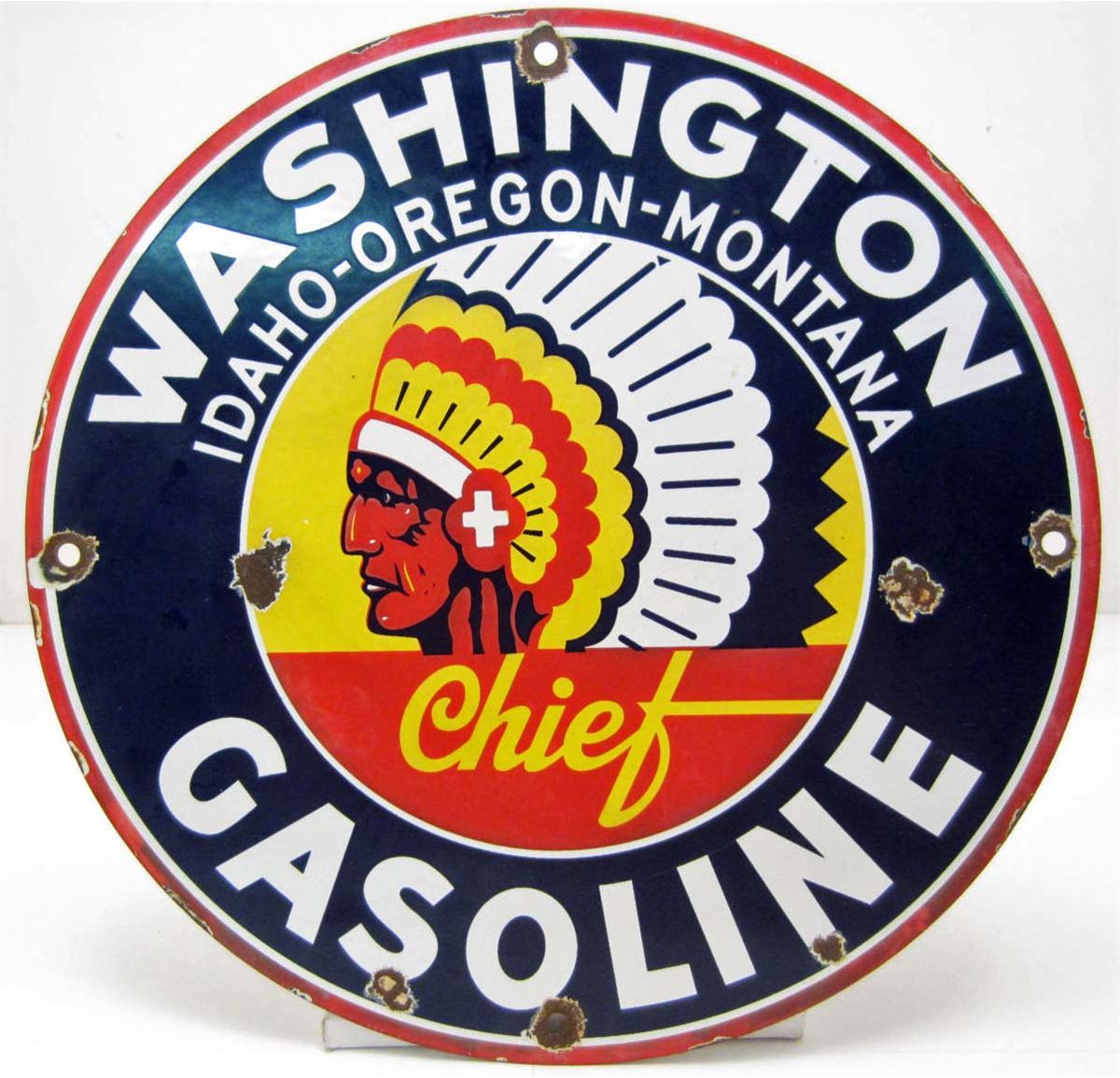CHIEF WASHINGTON IDAHO OREGON MONTANA PORCELAIN GASOLINE SIGN