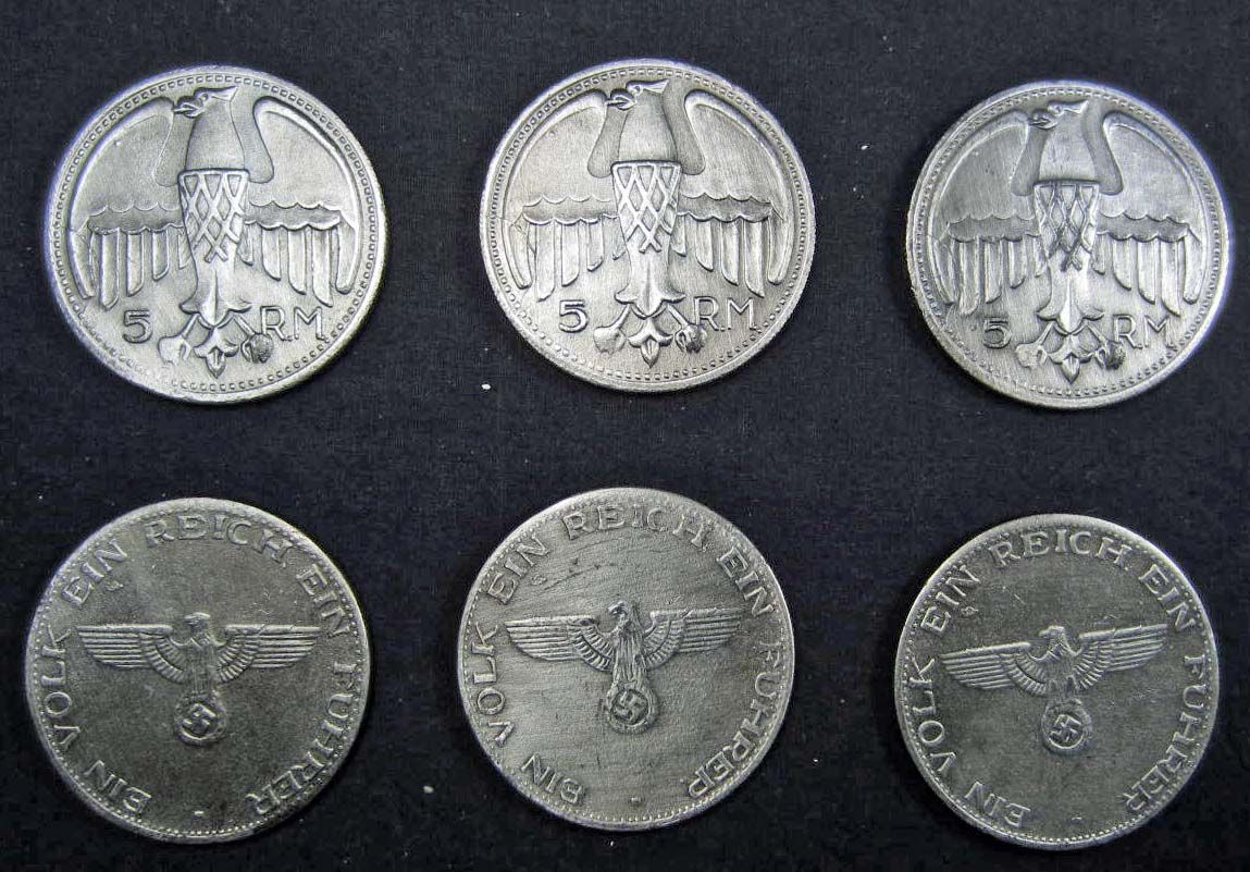LOT OF 6 GERMAN NAZI ADOLF HITLER COINS