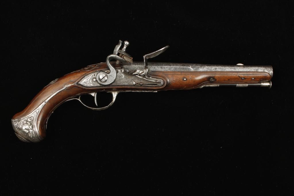 French flintlock pistol, silver mounted .58 cal., 7-1/2” barrel, raised ...