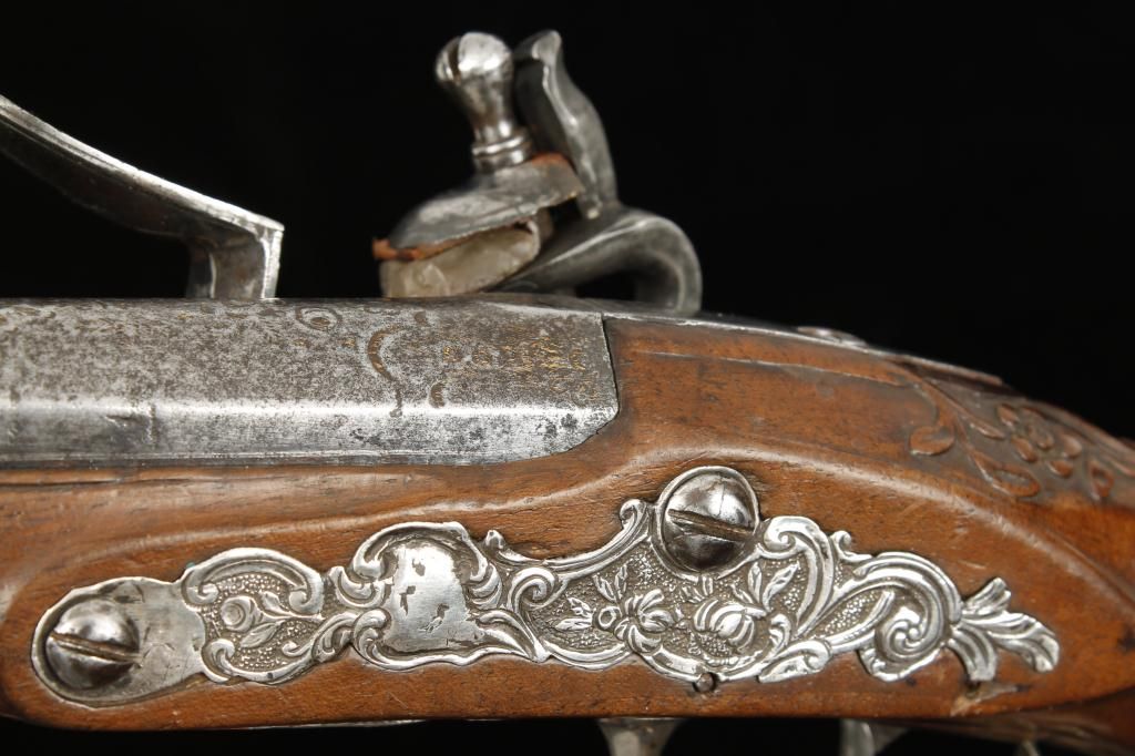 French flintlock pistol, silver mounted .58 cal., 7-1/2” barrel, raised ...