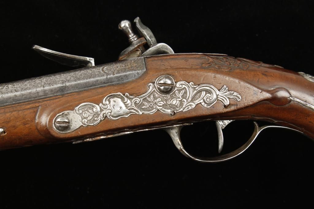 French flintlock pistol, silver mounted .58 cal., 7-1/2” barrel, raised ...