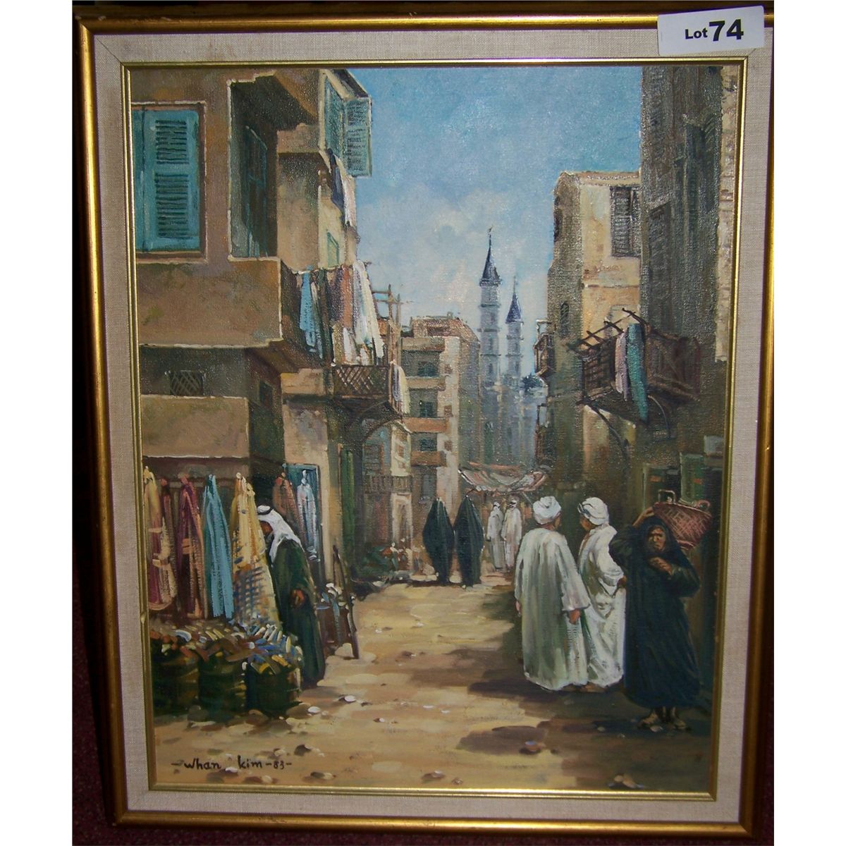 WHAN KIM 1983 OIL ON CANVAS PAINTING CUSTOM FRAMED 32T X 28W ARABIC BAZAR