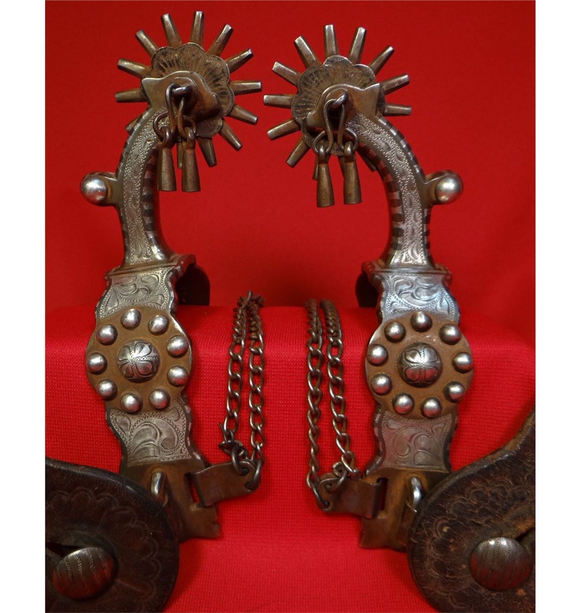 E. Garcia spurs #47-12, drop shank, jingle bobs, silver inlay
