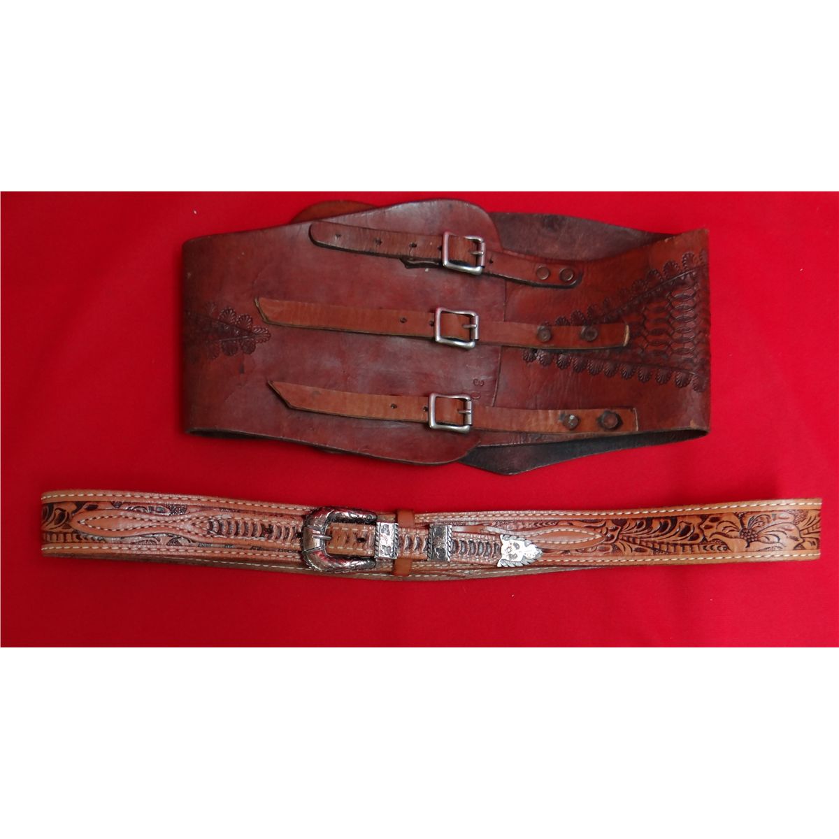 3 Pieces: Leather Bronc Belt, tooled, 3 buckle; Prison-made hitched ...