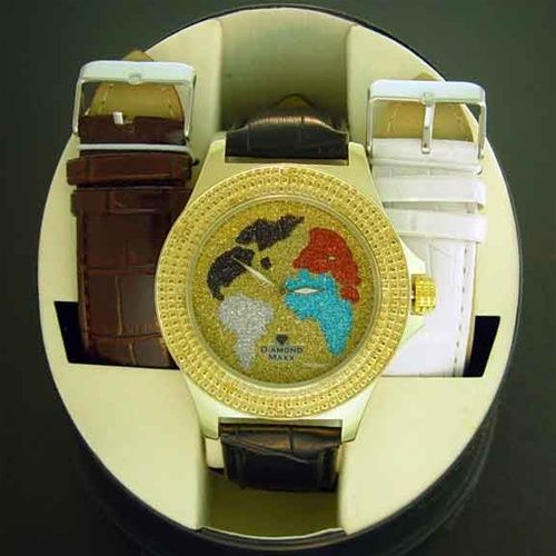 Mens Diamond Maxx Diamond Bezel Gold Tone World Watch